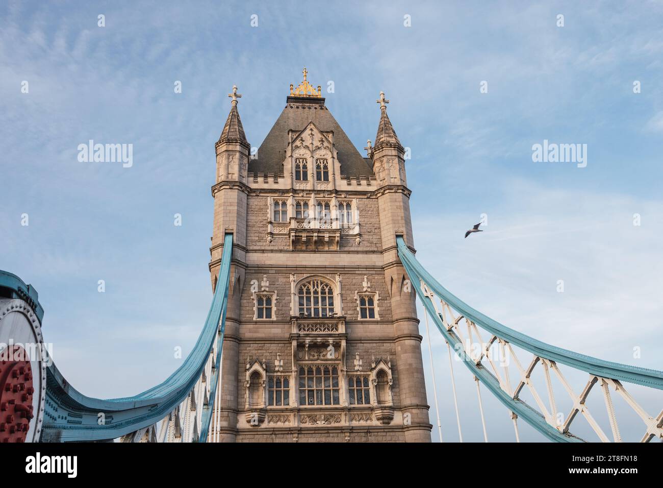 Close-up of London's iconic Tower Bridge under a clear blue sky with ...
