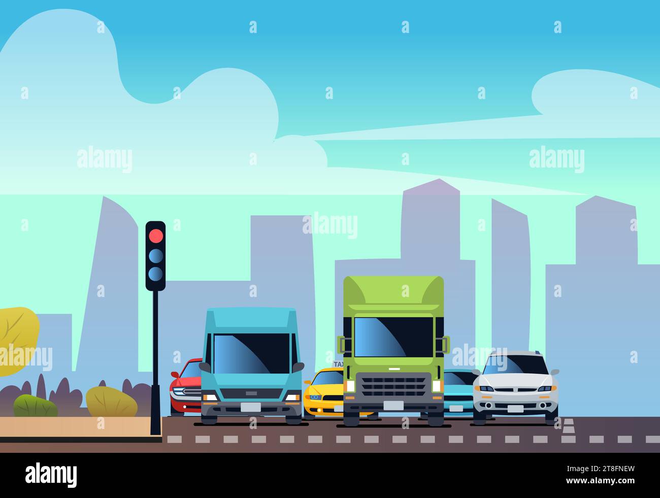 Cars at intersection waiting for green traffic signal. Truck van and ...