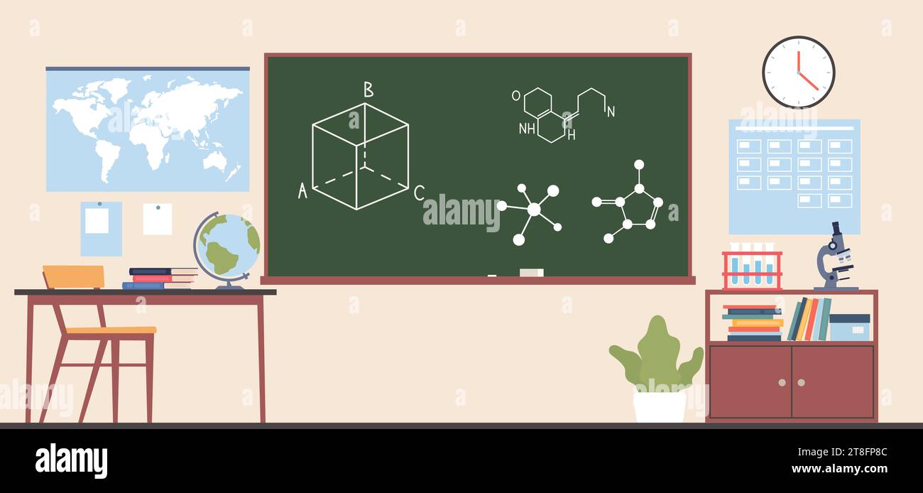 Classroom interior with blackboard and teachers desk. Chemistry or ...
