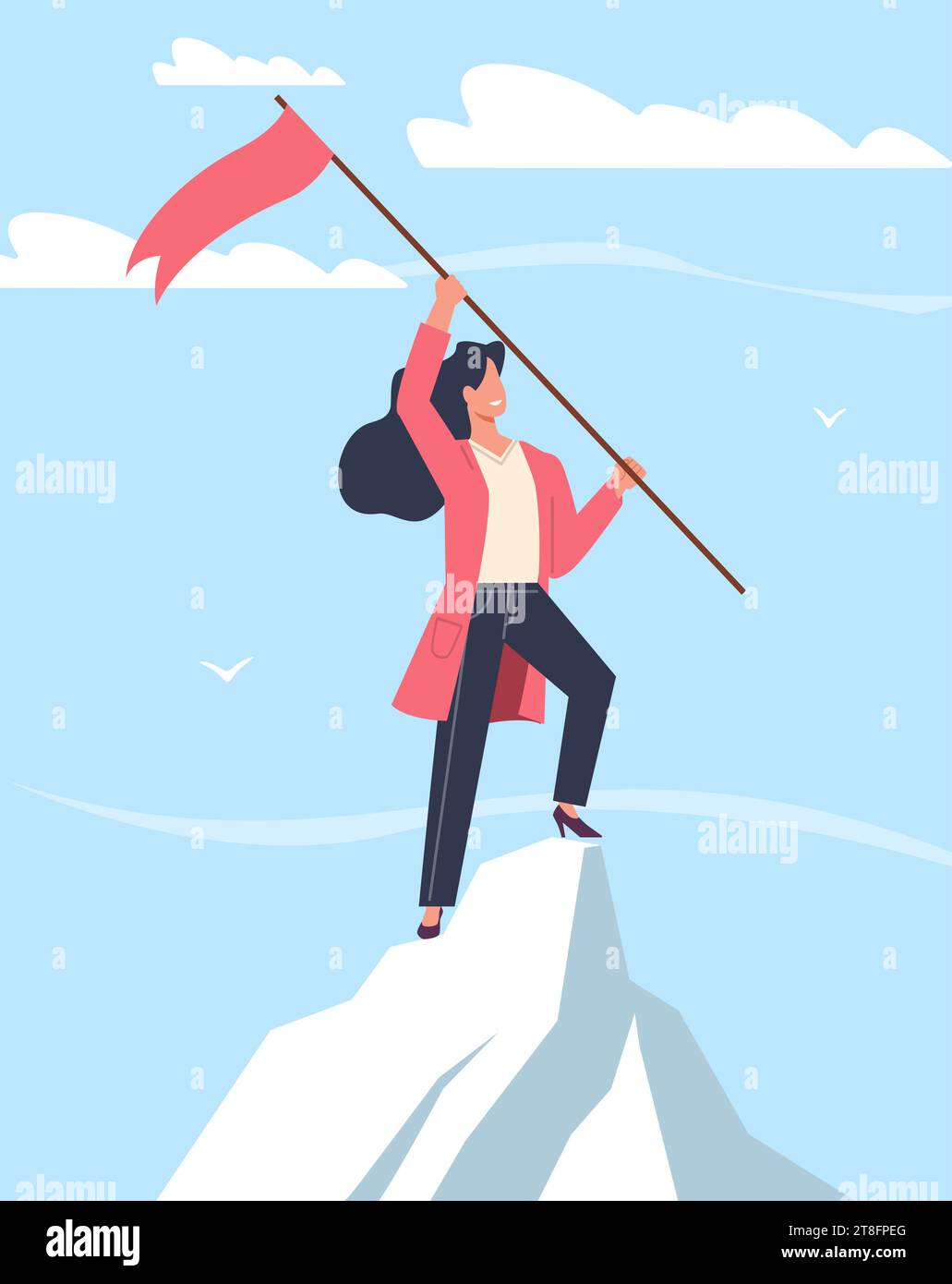 Concept of achieving success, business woman raising flag on top of ...