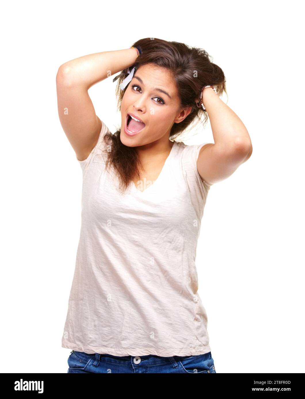 Portrait, woman and hands in crazy hair with confidence, happiness and ...