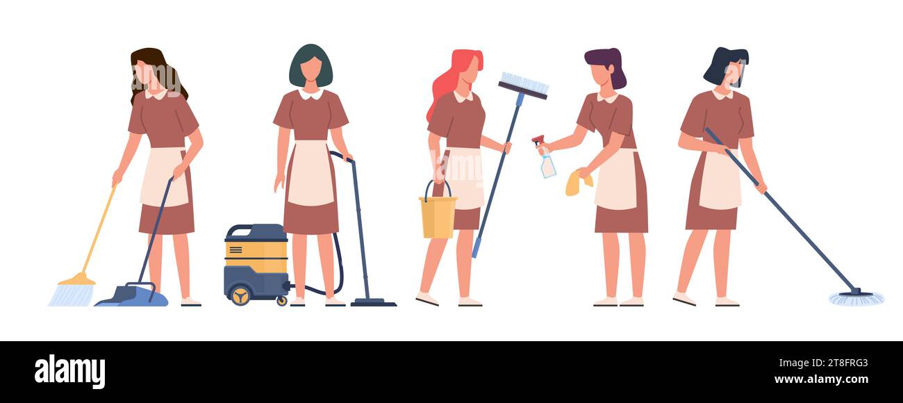 Different maids with cleaning tools. Women in uniform with mop and ...