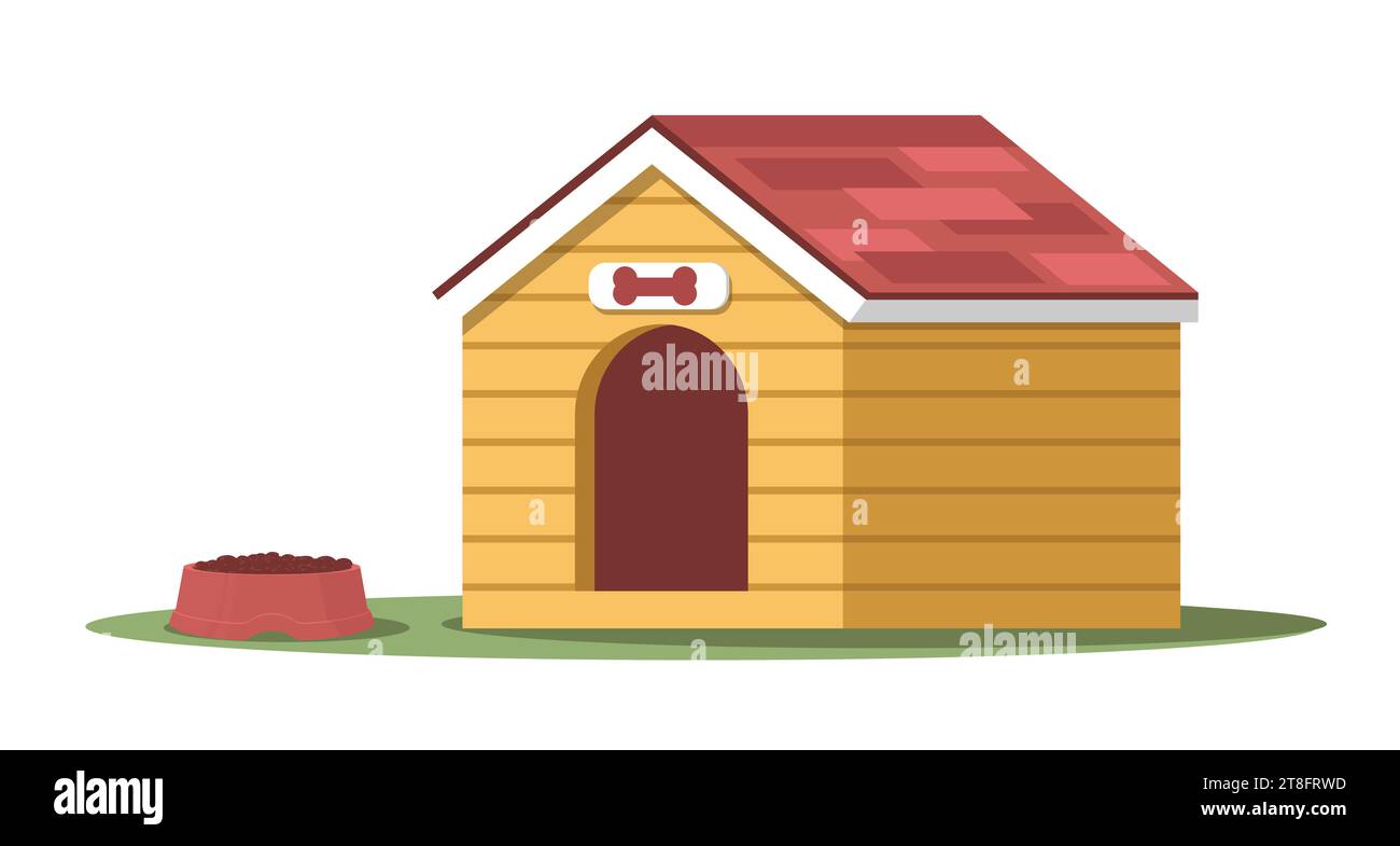 Empty dog kennel with bowl of dog food. Pet accessory, domestic animal ...