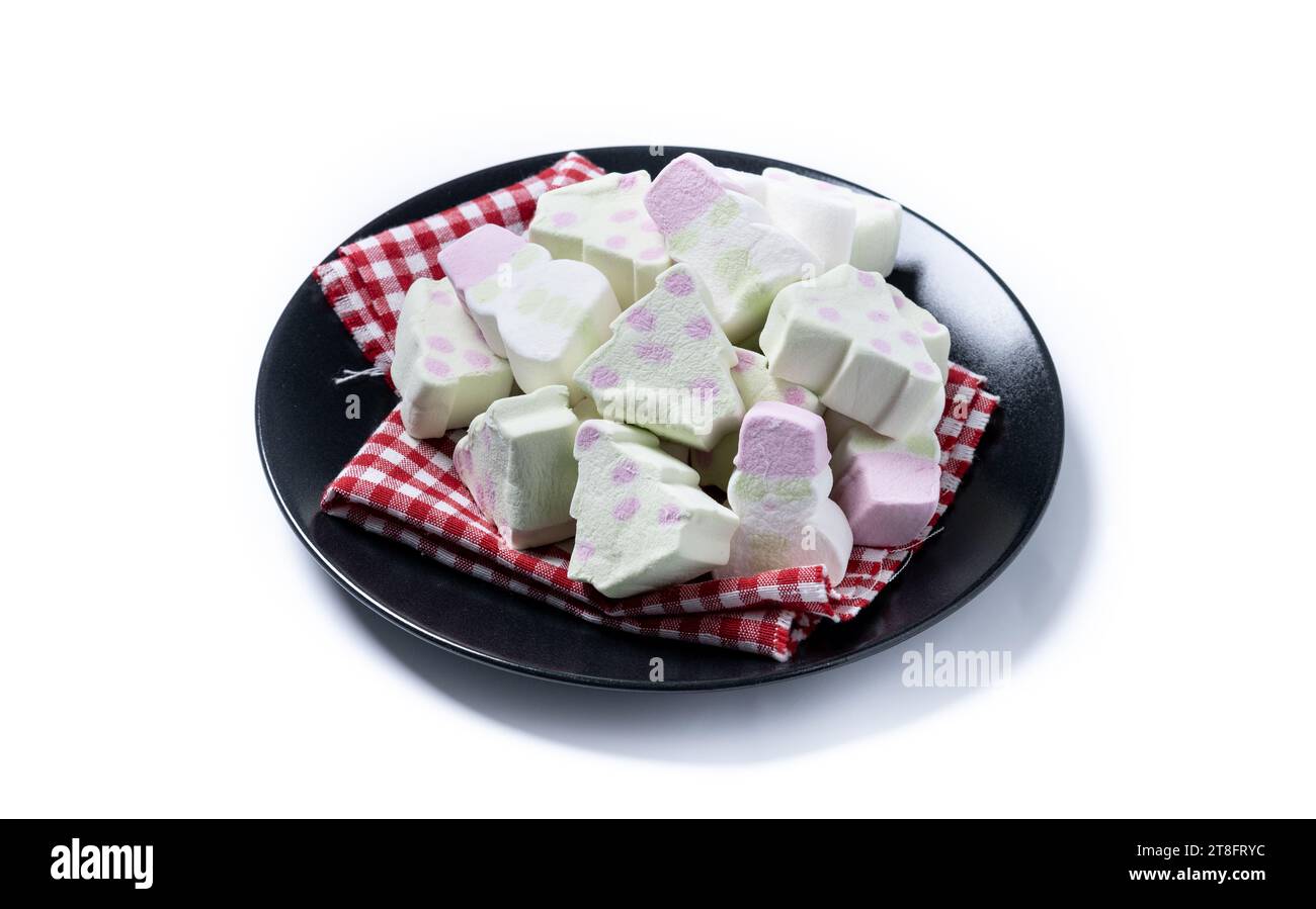 Christmas marshmallow with Christmas tree and snowman shape isolated on ...