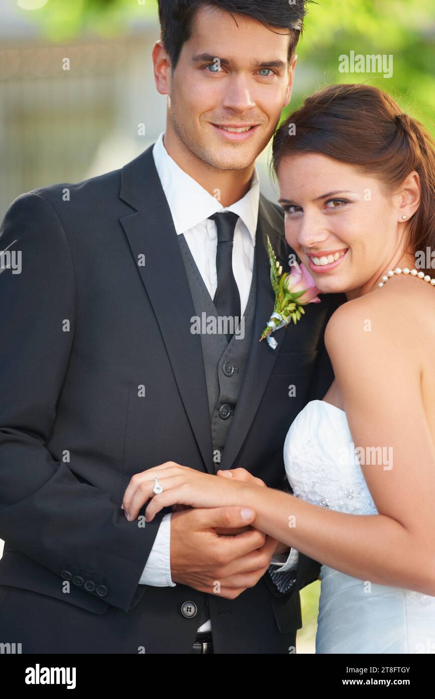 Wedding, portrait and bride and groom hug with love, celebration or ...