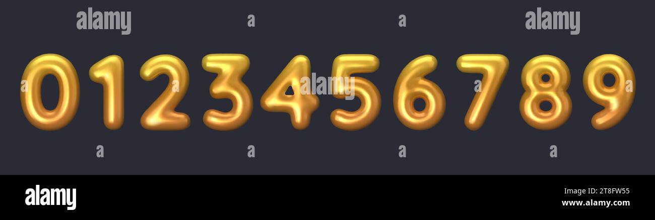 3D plastic golden numbers. Collection of glossy color numbers from 0 to ...
