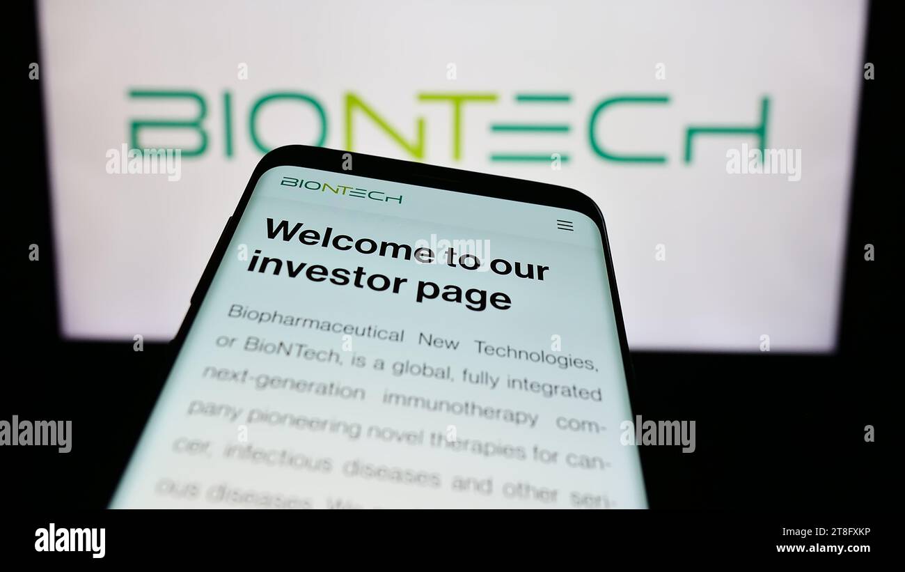Smartphone with website of German biotechnology company BioNTech SE in ...