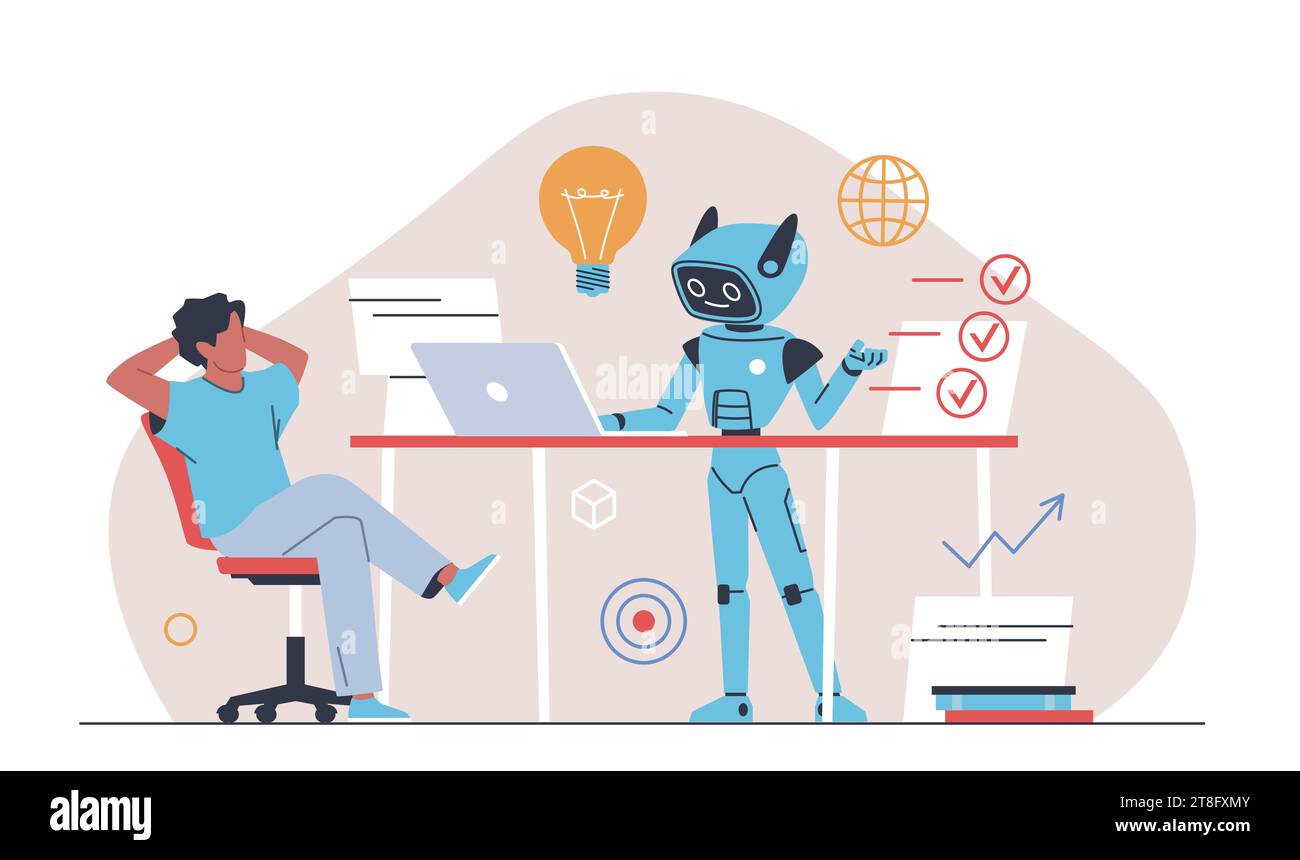 Person resting, ai working. Guy cooperates with artificial intelligence ...