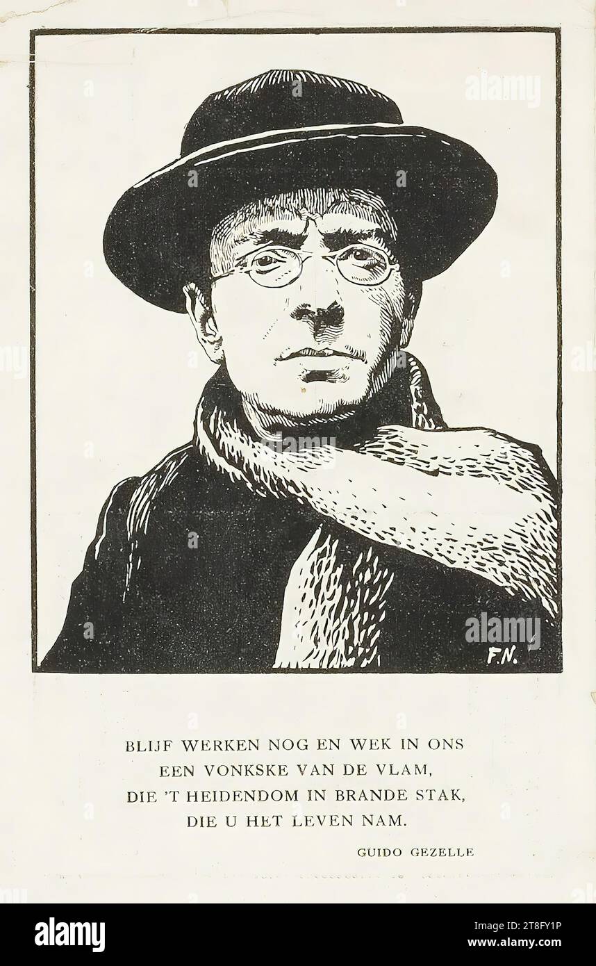 postcard. F.N. monogram. KEEP WORKING STILL AND AWAKEN IN US, A SPARK ...