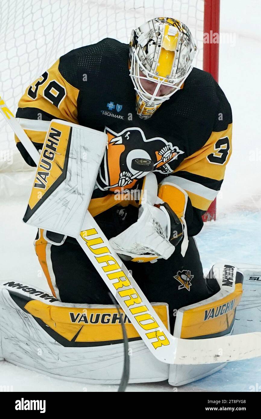 Pittsburgh Penguins goaltender Alex Nedeljkovic (39) makes a save ...