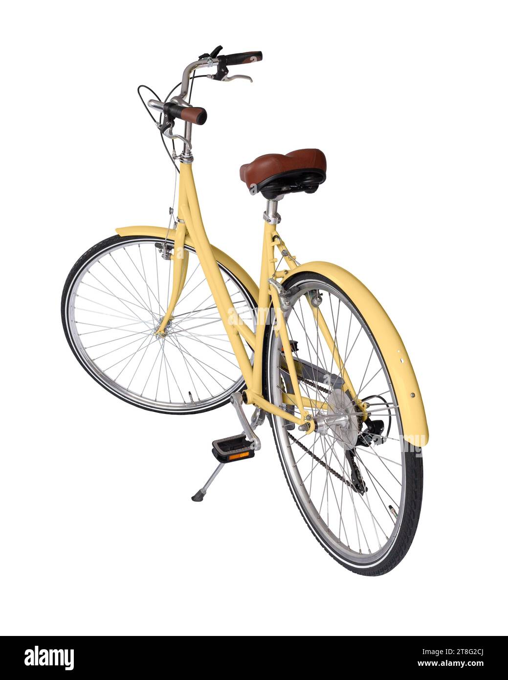 Yellow retro bicycle, back view. Brown leather saddle and handles ...