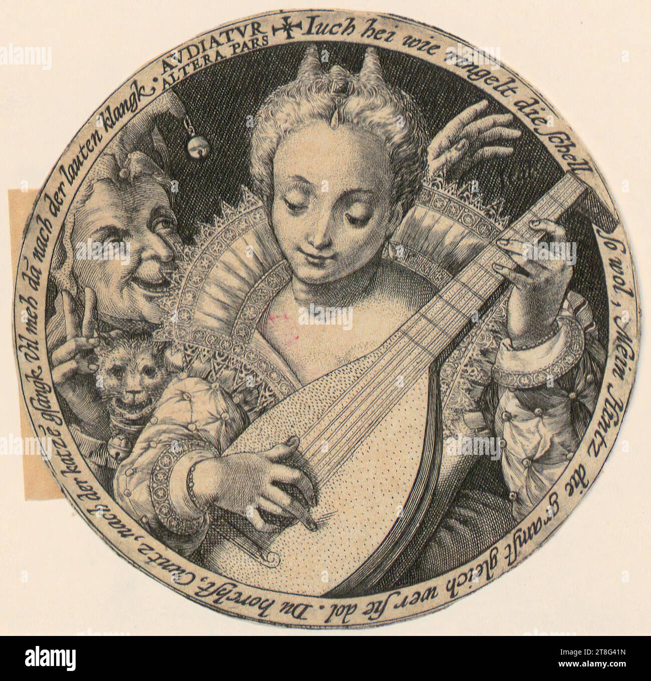 Crispijn de Passe (the Elder) (1564 - 1637), Hearing sense, sheet 4 of the series 'The five ...