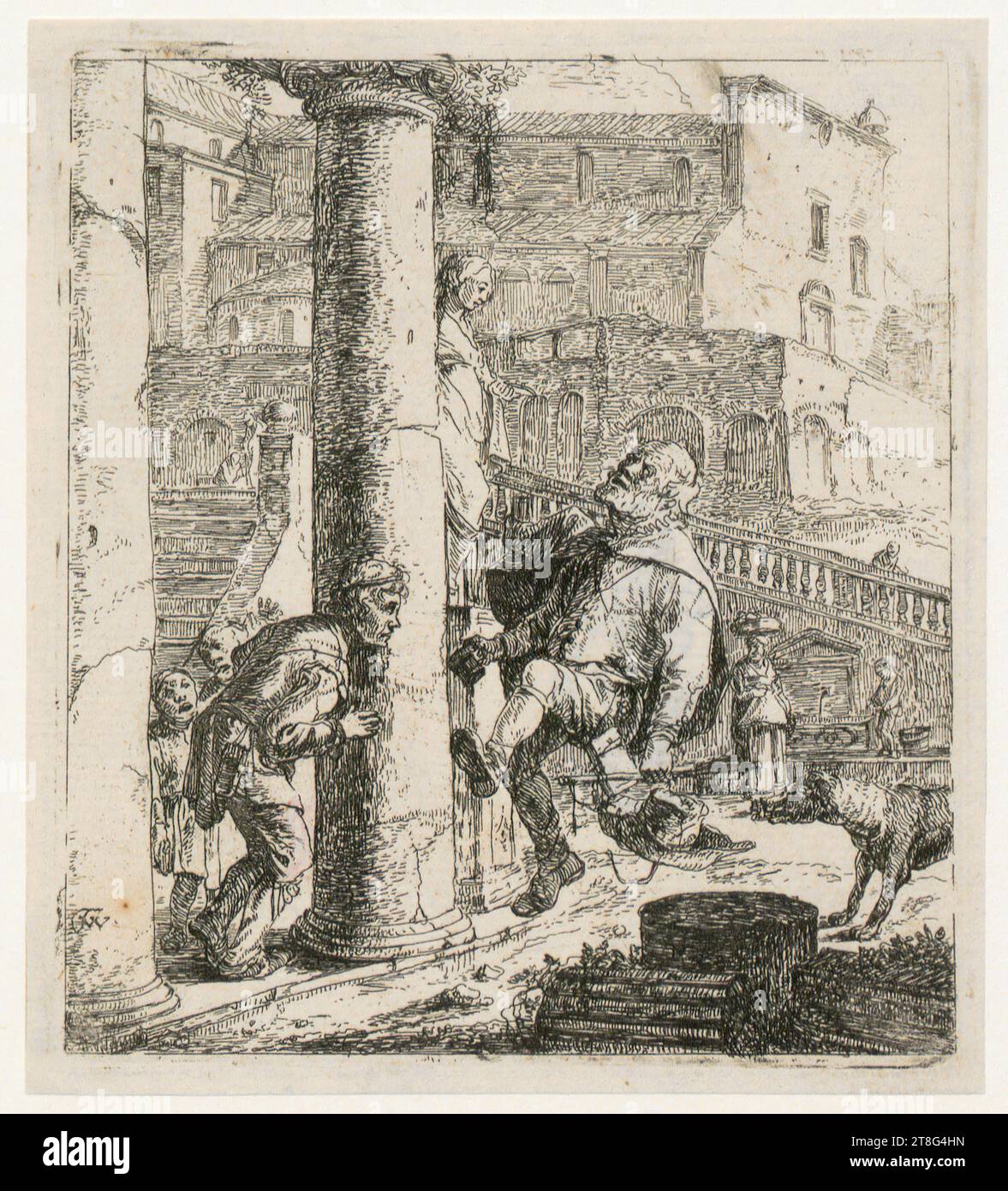 Thomas Wijck (1616 um - 1677), A blind beggar running against a column ...