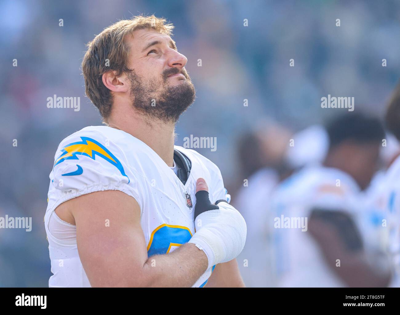 Los Angeles Chargers linebacker Joey Bosa (97) pauses for the National ...