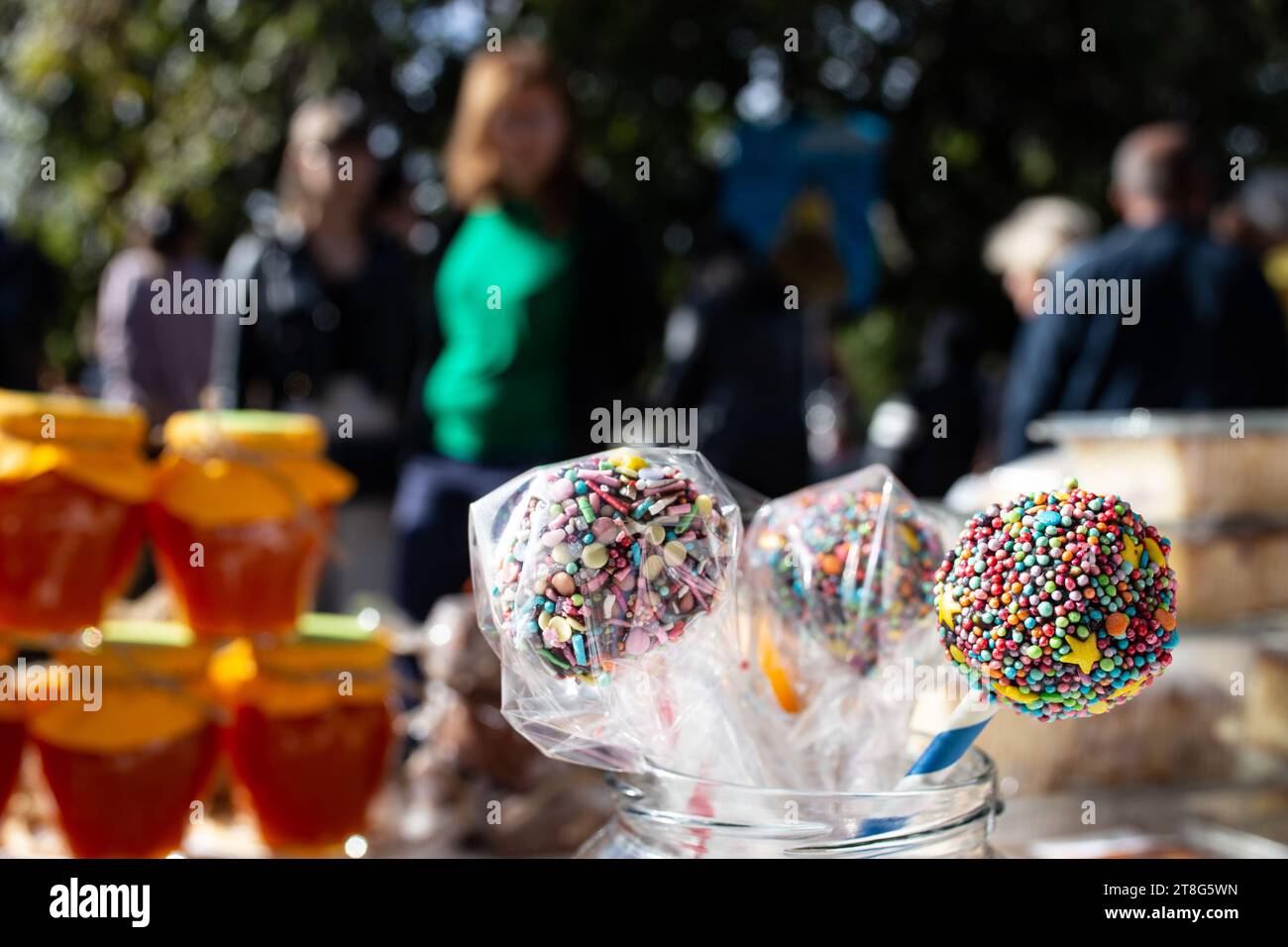 Chocolate lollipops on a stick exposed at a autumn fair market Stock ...