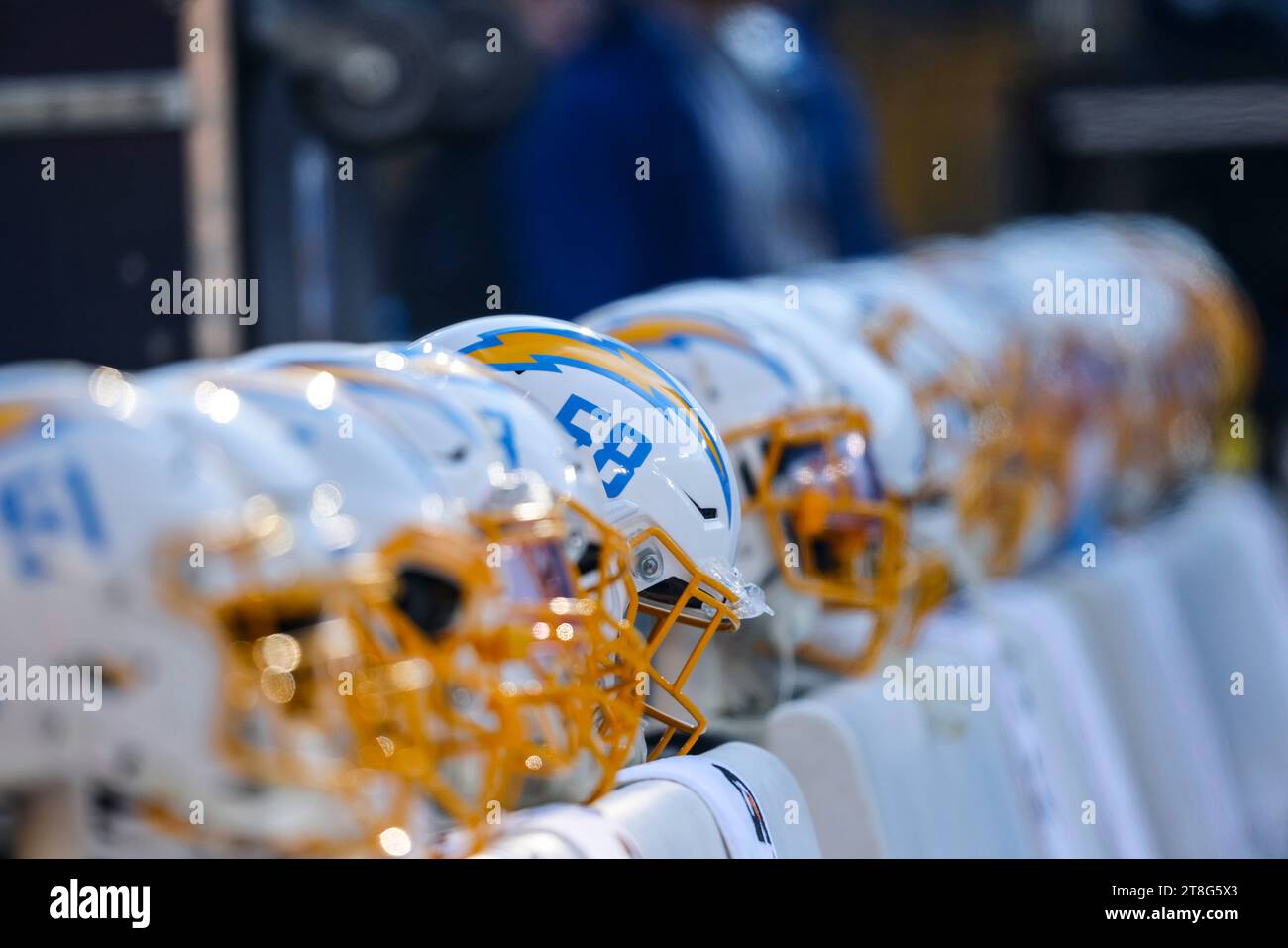 Los Angeles Chargers helmets on the bench before an NFL football game ...