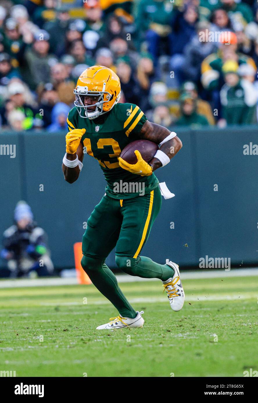 Green Bay Packers wide receiver Dontayvion Wicks (13) runs during an ...