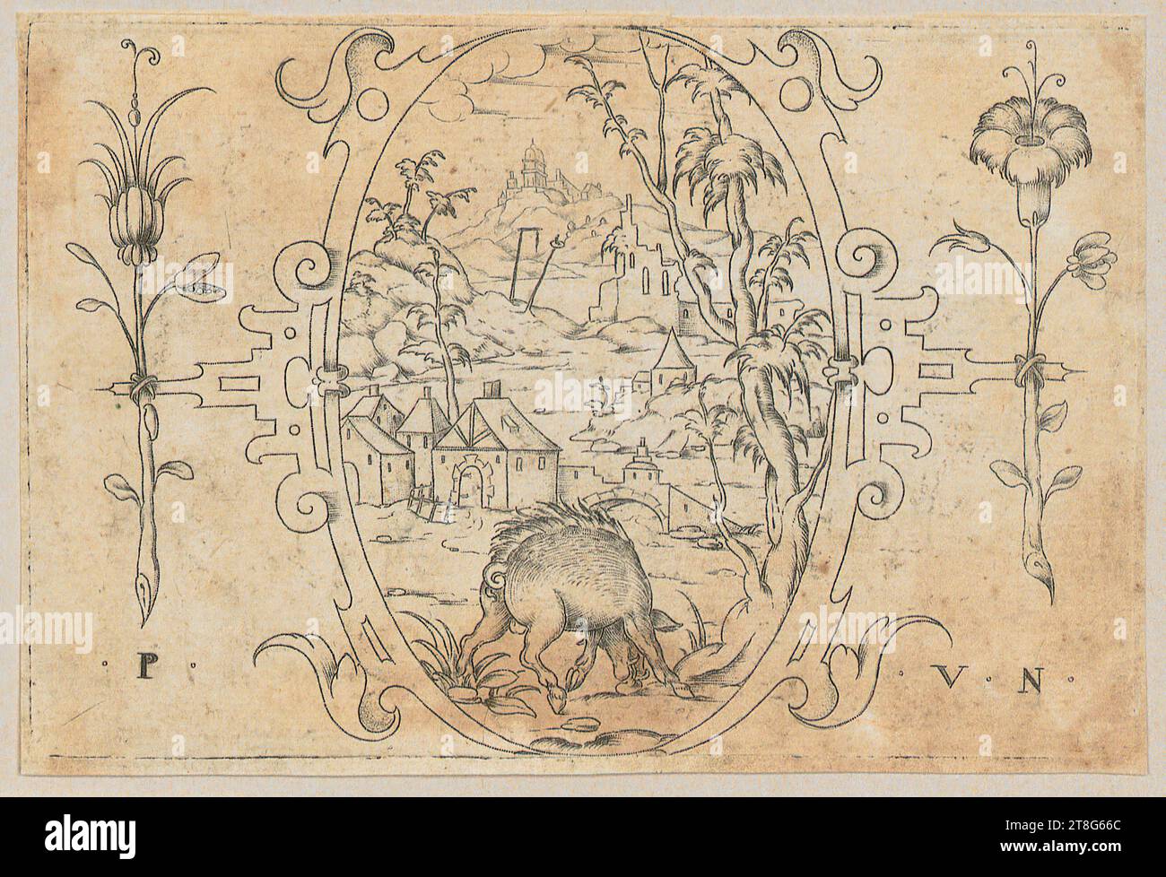 Paulus Flindt (1567 um - um 1631), ornamental engraving with medallion ...