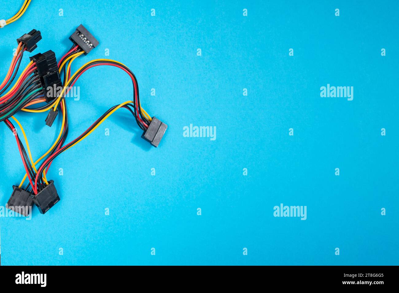 Abstract blue backdrop with computer power supply colorful wires, soft ...