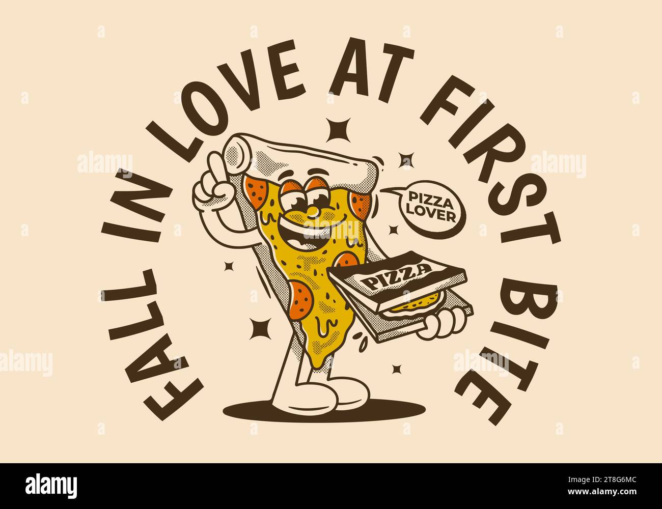 Fall in love at first bite. Mascot character of pizza holding a box ...