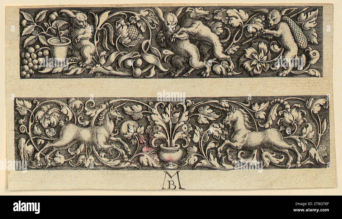 Michel Le Blon (1587 - 1656), Two friezes with rabbits and two unicorns ...