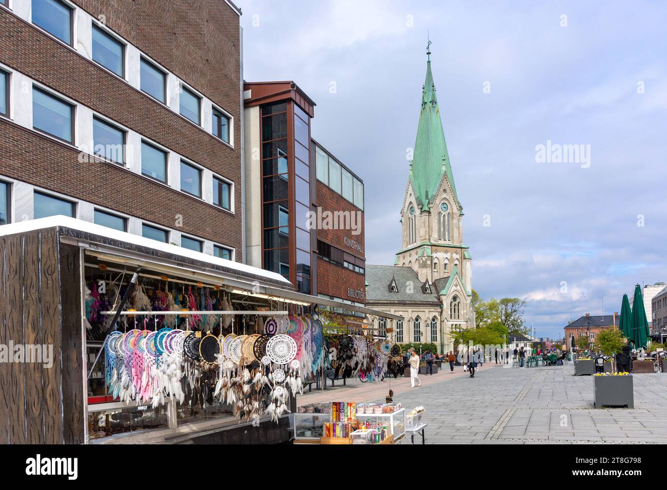 Craft market stall and Kristiansand Cathedral (Kristiansand Domkirke ...