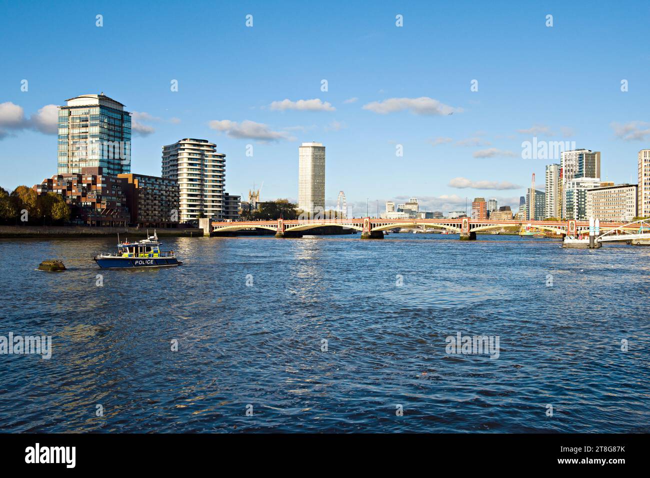A police launch on the River Thames, near Vauxhall Bridge Stock Photo ...
