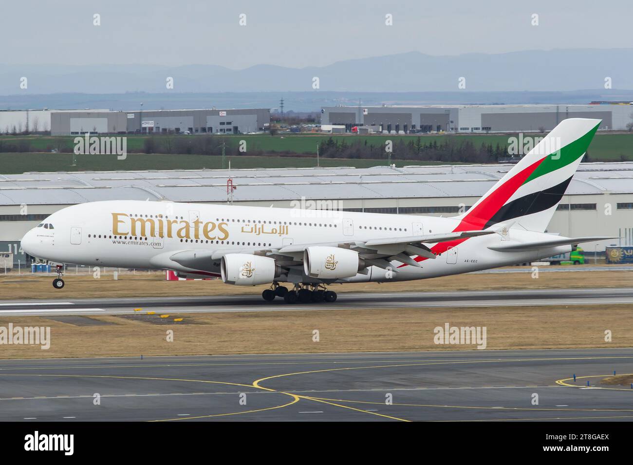 Emirates double-deck jet airliner Airbus A380 landing in Prague after a ...
