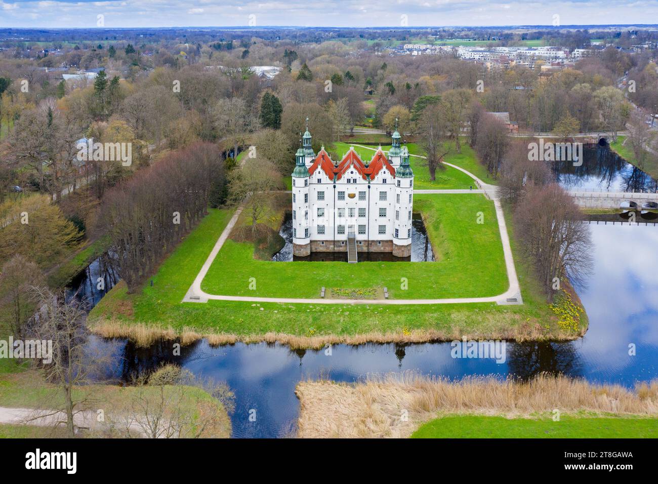 Aerial view over 16th century Schloss Ahrensburg / Ahrensburg Palace ...