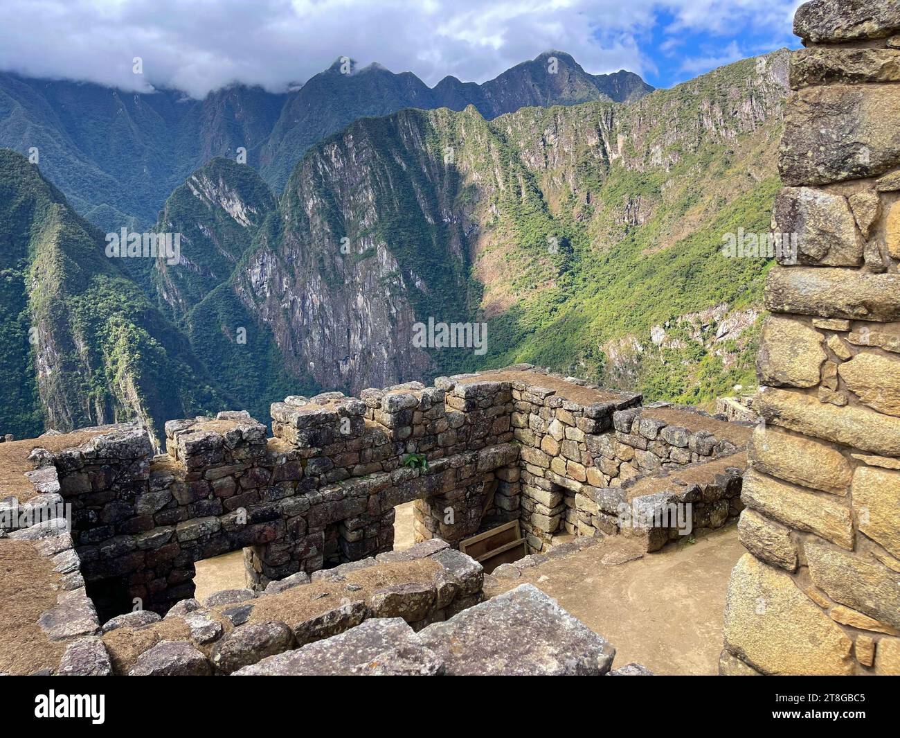An aerial view of the Machu Picchu Palace ruins, an Inca site located ...