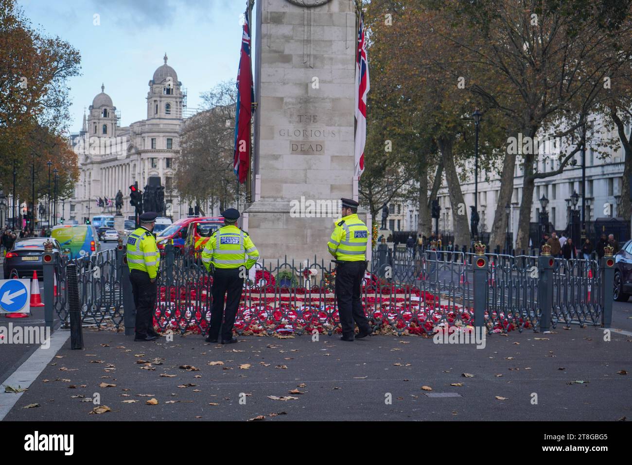 London, UK. 20 November 2023. Police officers guarding the cenotaph in ...
