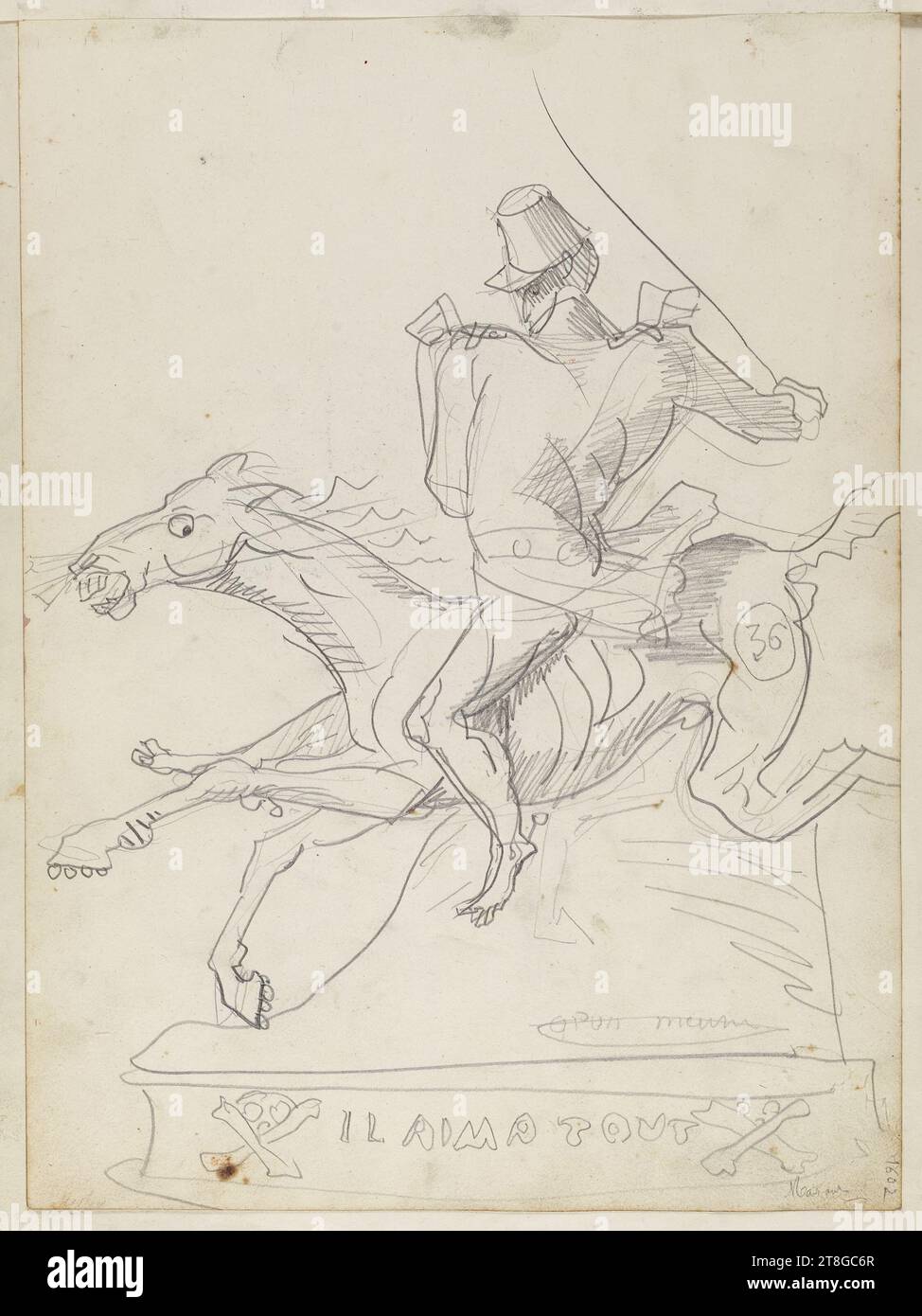 Portrait of a man on horseback (Masour?), Portraits-charge: two heads ...