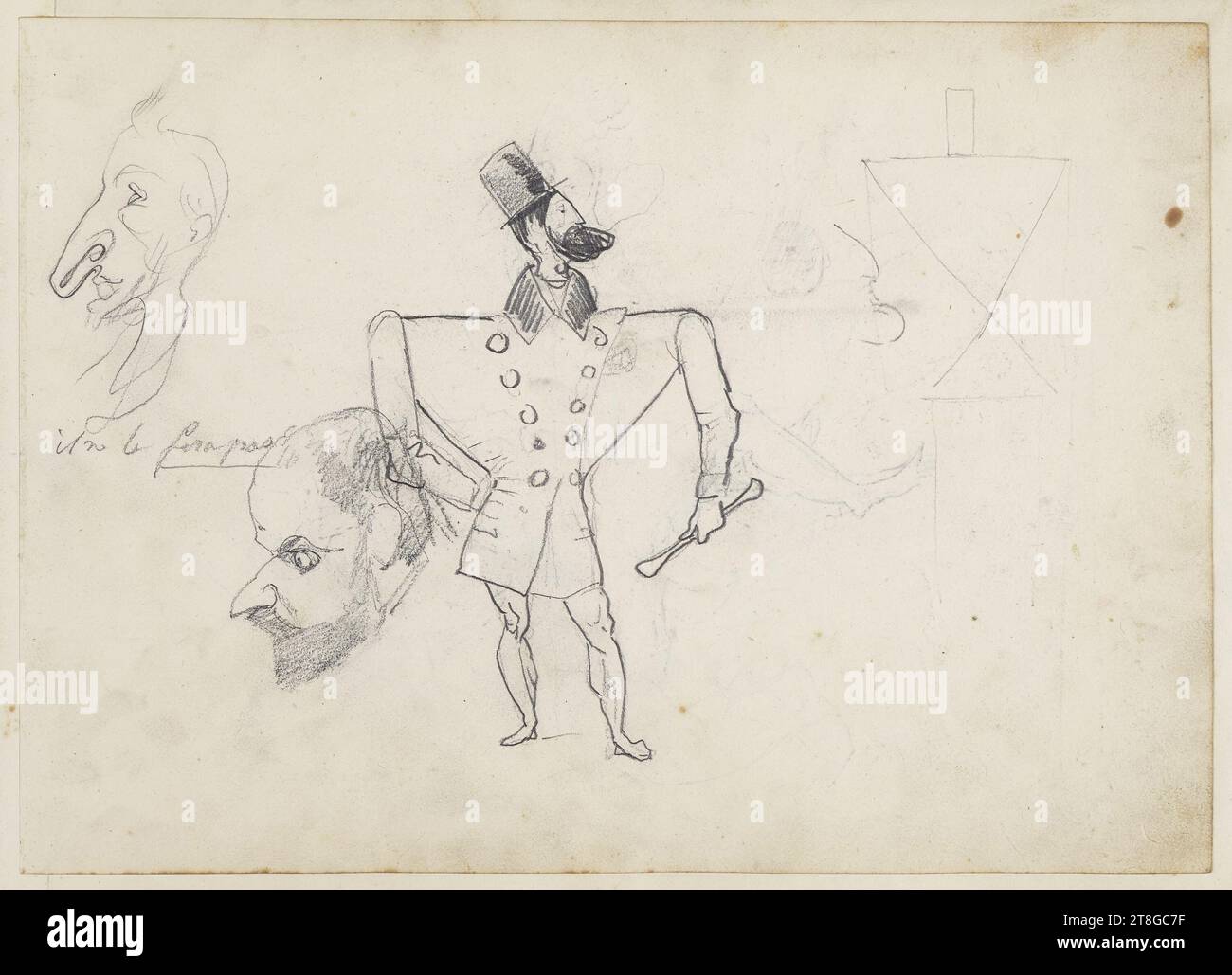 Portrait of a man on horseback (Masour?), Portraits-charge: two heads ...