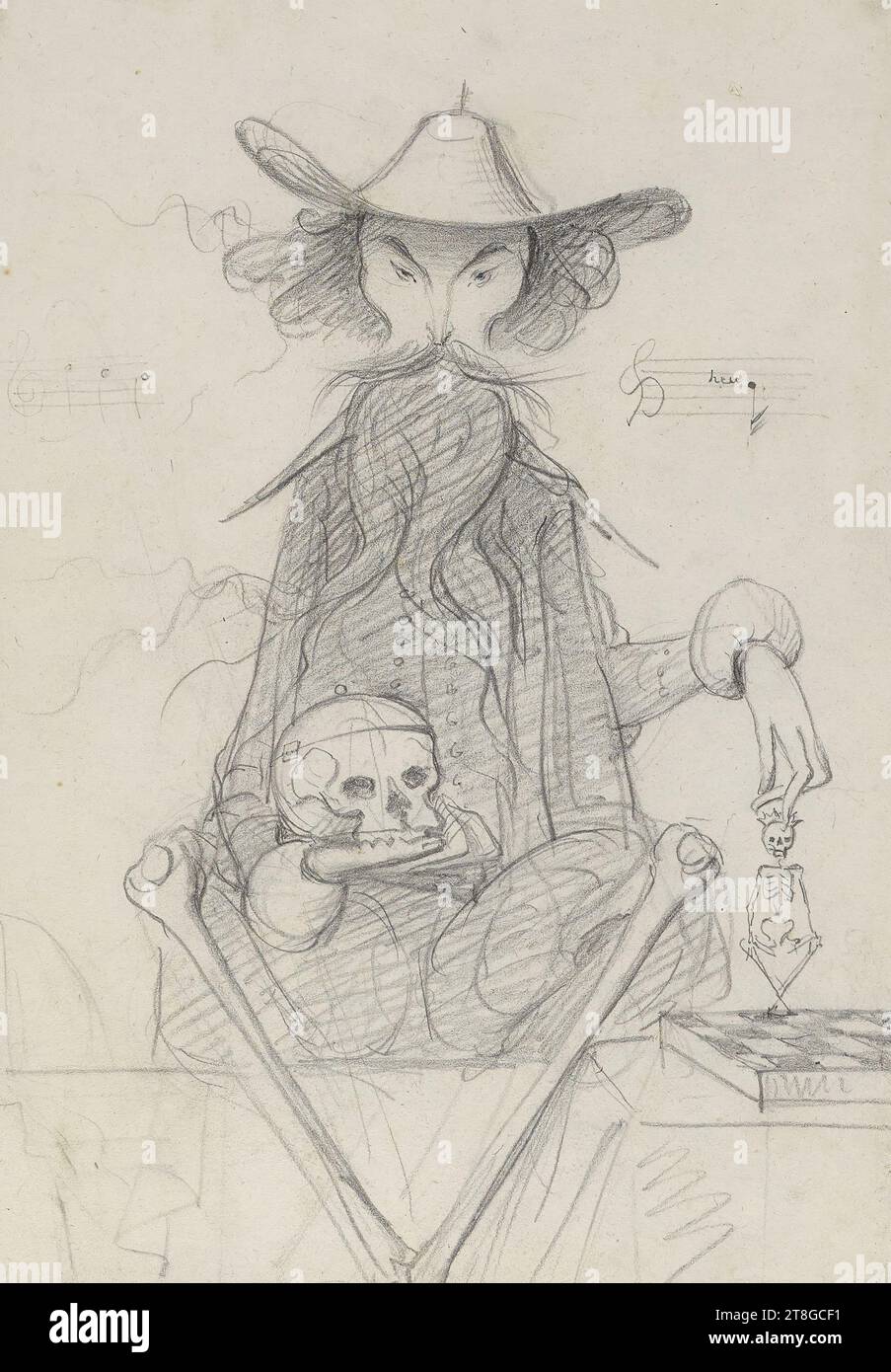 Portrait of a man-skeleton holding a skull and playing chess with a ...