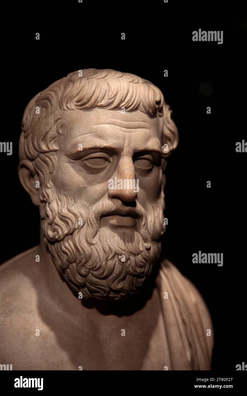 Marble bust of a bearded man resembling Sophocles (Greek original now ...