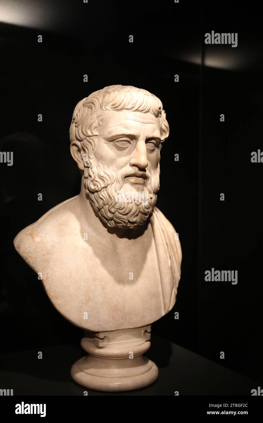 Marble bust of a bearded man resembling Sophocles (Greek original now ...