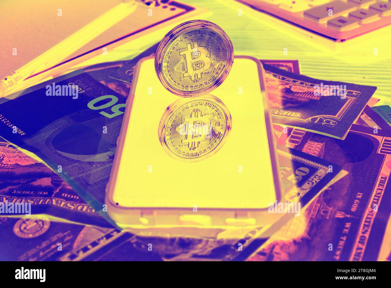 Bitcoin coin in neon color. Coin and display in glass. Light negative ...