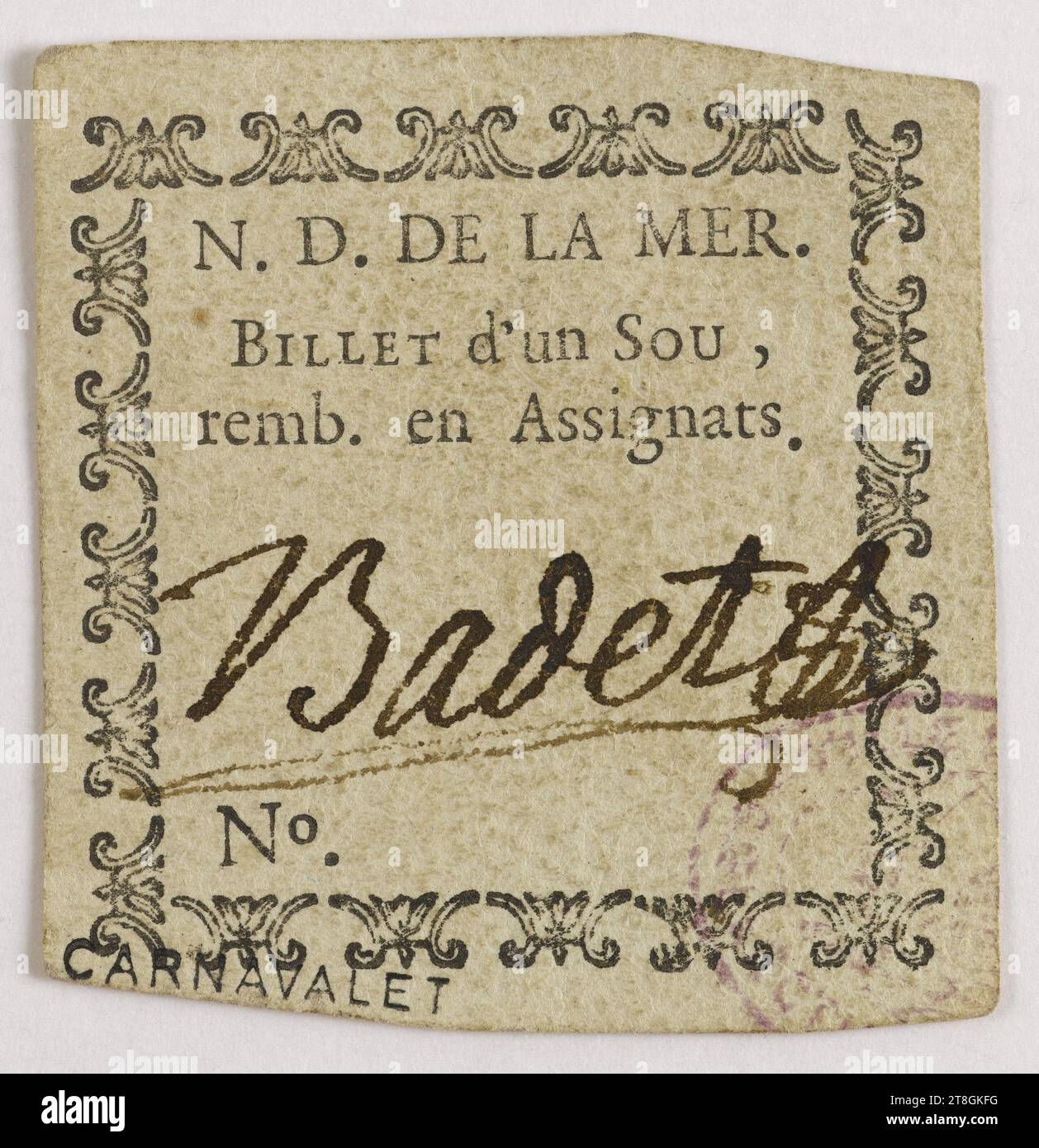 Billet d'1 sou, N.D. de la Mer, Badet, Signatory, Array, Numismatics ...