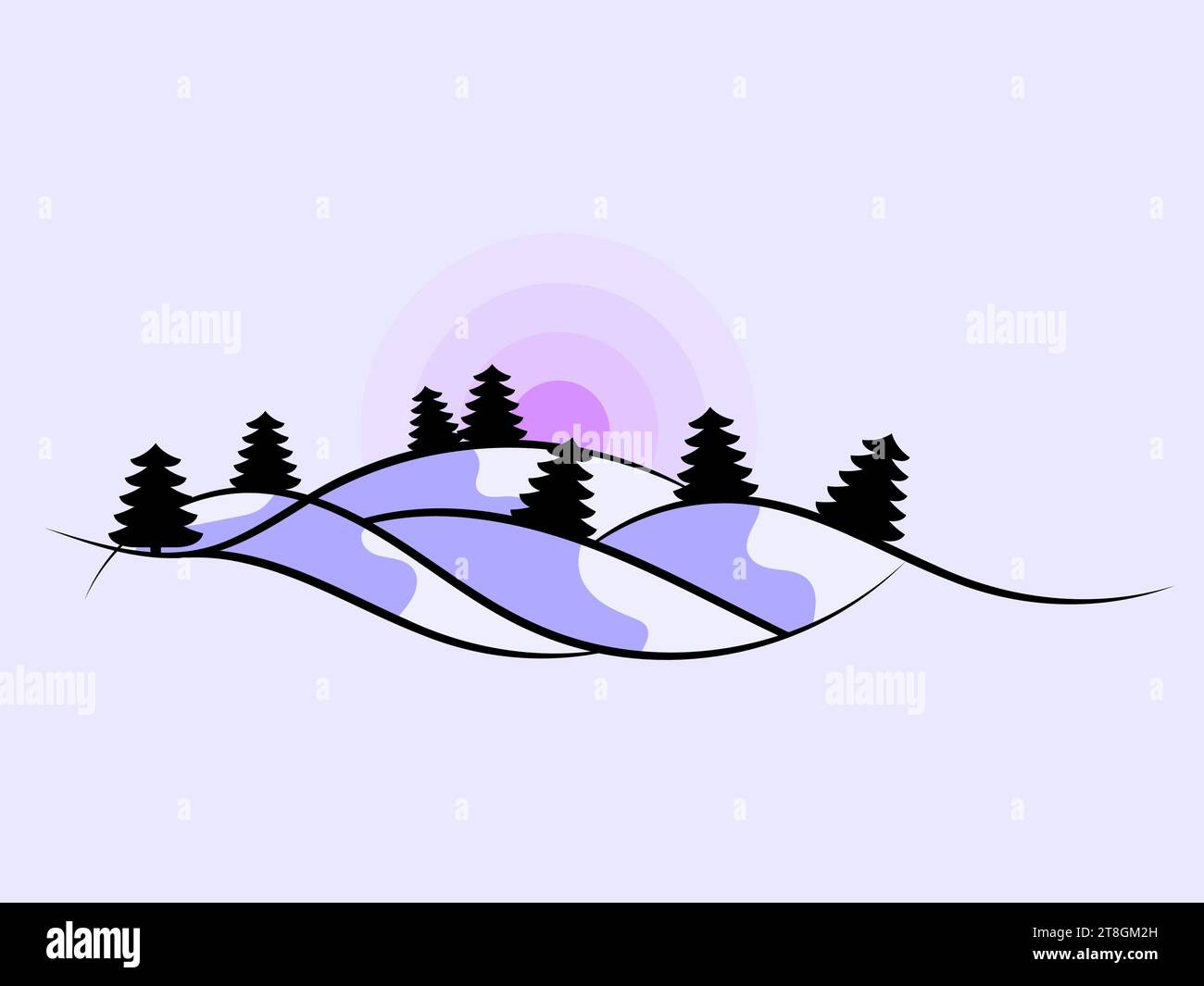 Winter landscape with snowy hills and fir trees. Landscape in line art ...