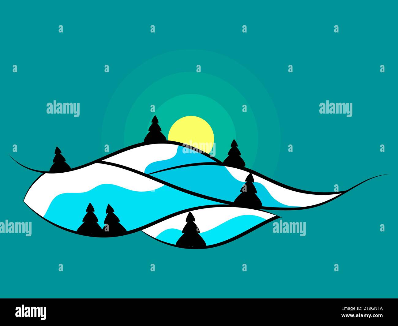 Winter landscape with snowy hills and fir trees. Landscape in line art ...