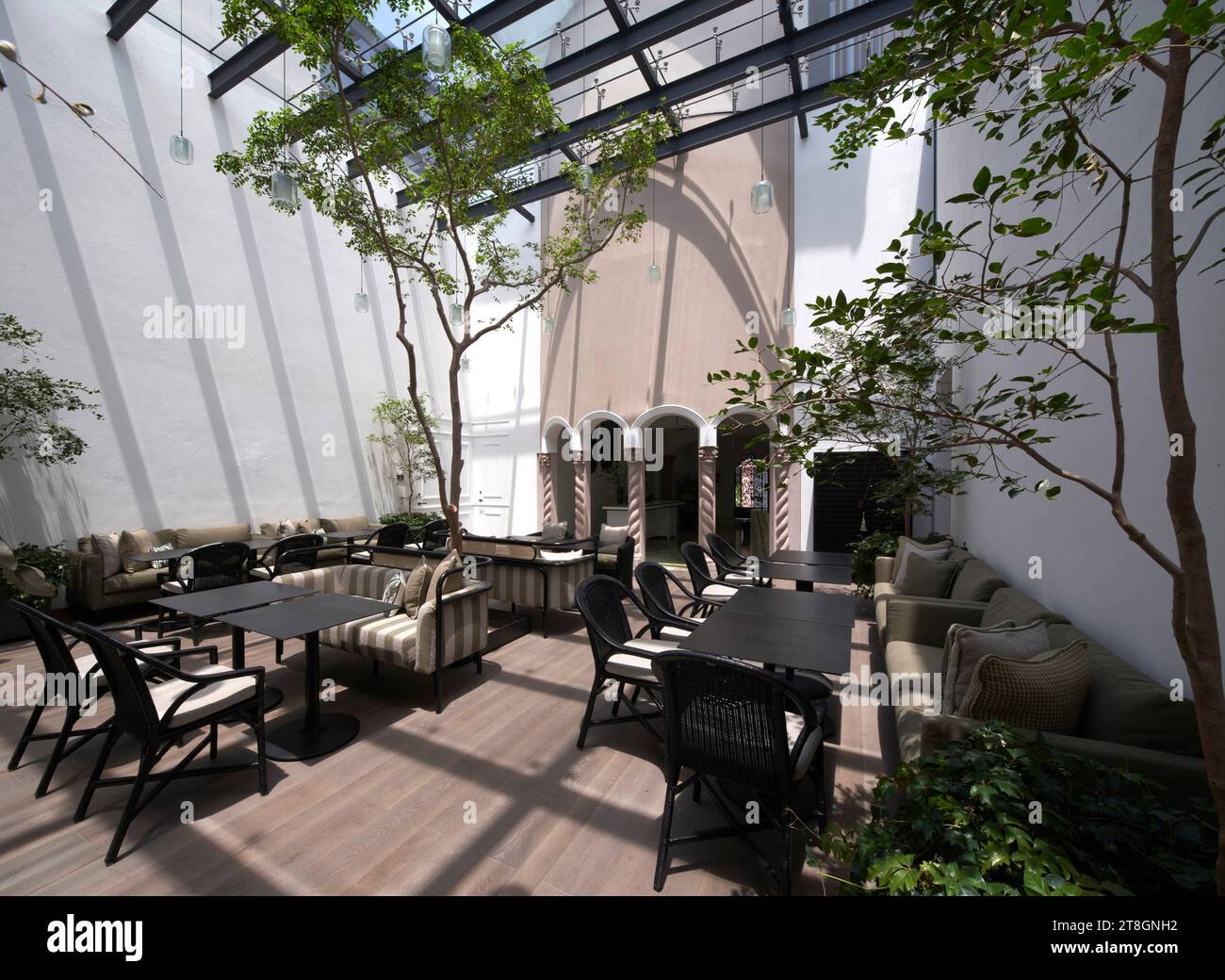 Exterior courtyard with glass canopy. Hotel Casa Polanco, Mexico City ...