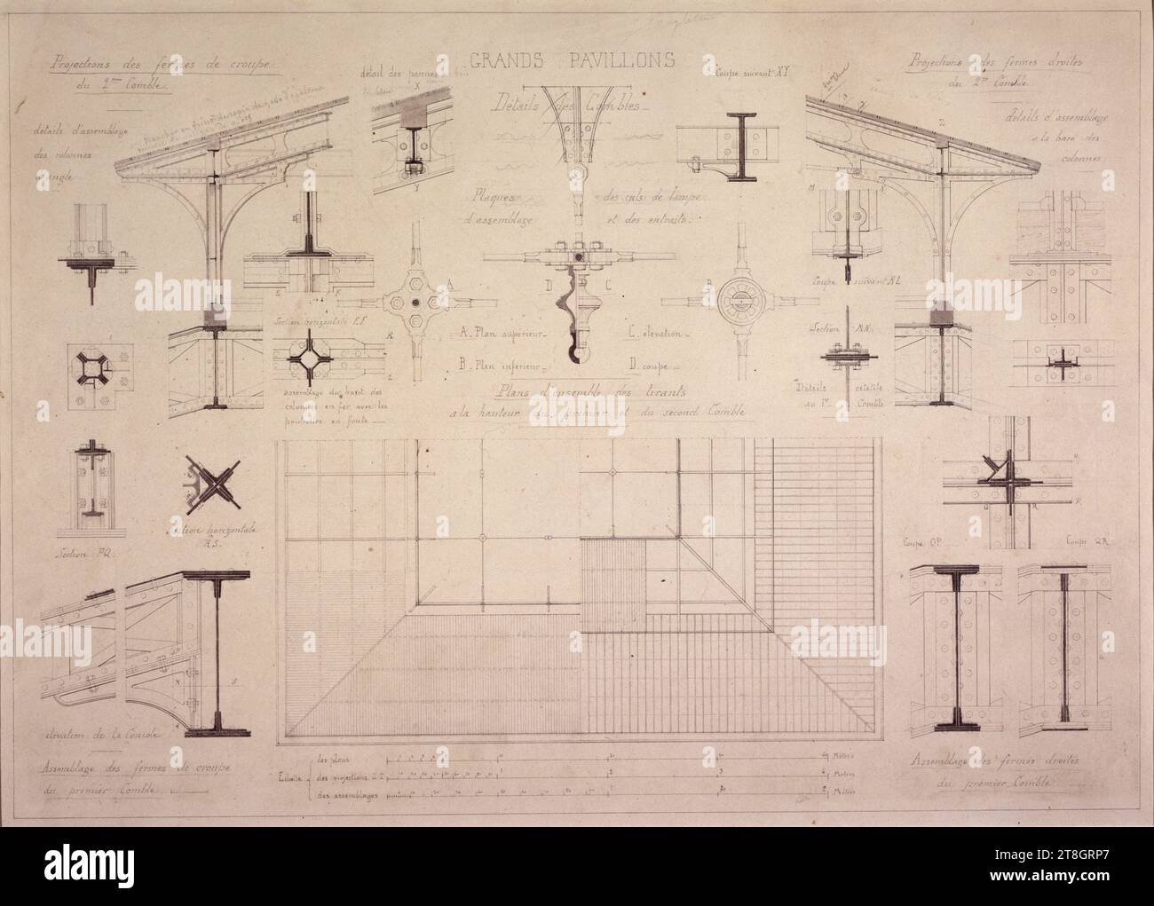 Central halls: large pavilions; details of projections, sections and ...