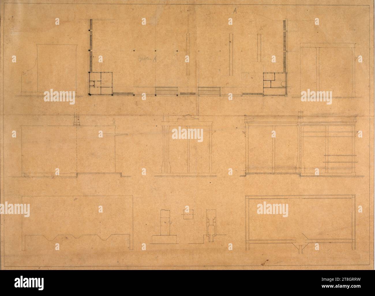Central halls: partial plan of a pavilion, elevation and shop sections ...