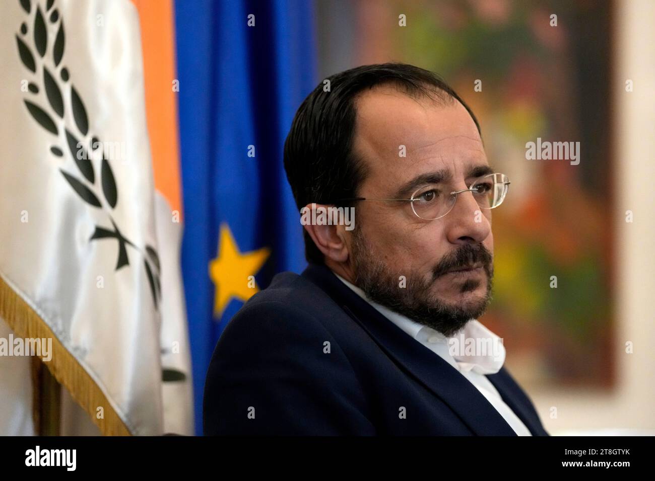 Cyprus President Nikos Christodoulides speaks during an interview with ...