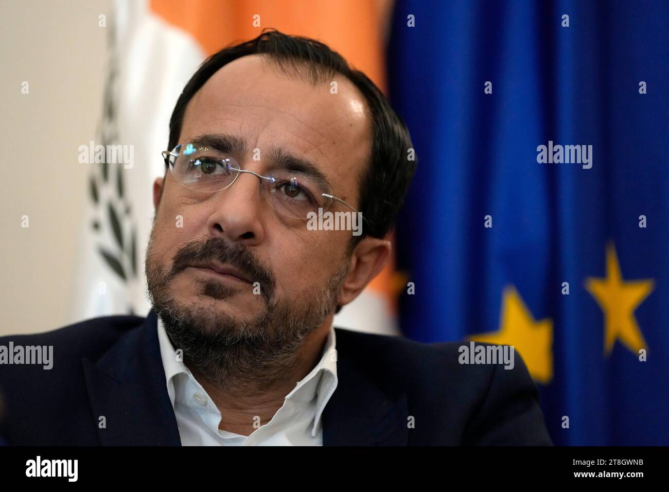 Cyprus President Nikos Christodoulides speaks during an interview with ...