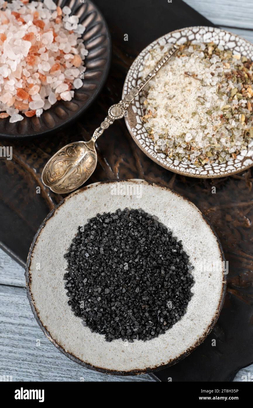 different types of salt. Three different types of salt in handmade ...