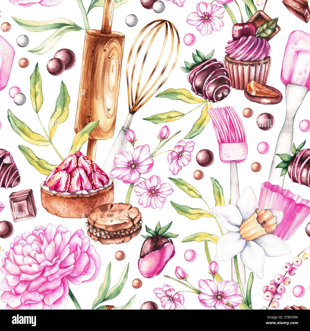 Watercolor seamless pattern with desserts, baking tools, flowers ...
