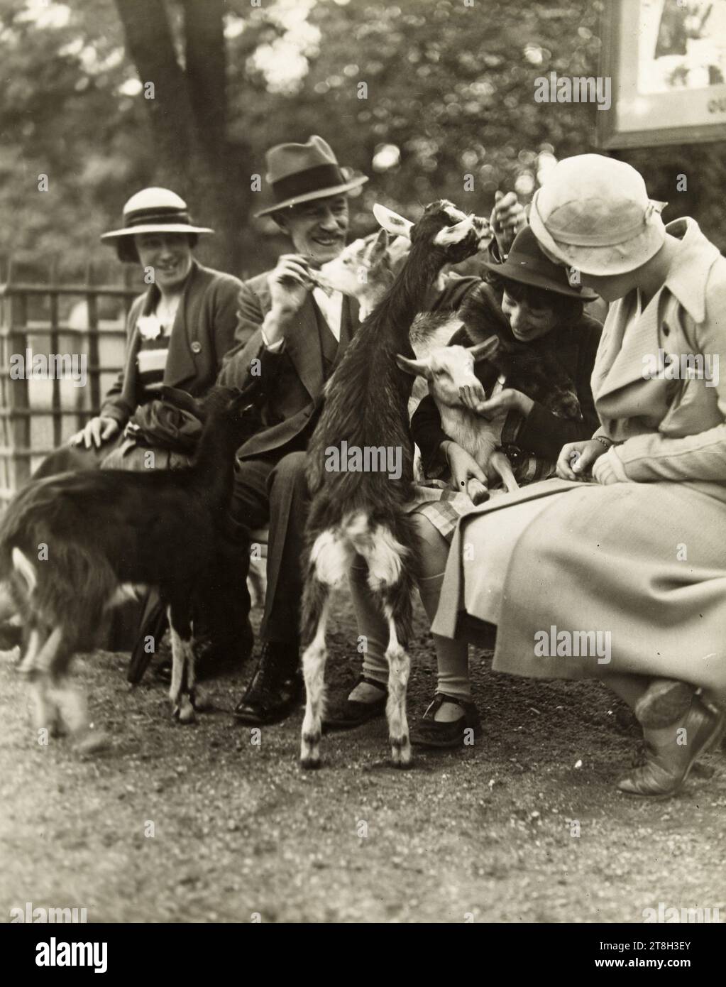 People sitting on a bench feeding goats, Jardin des Plantes, 5th ...