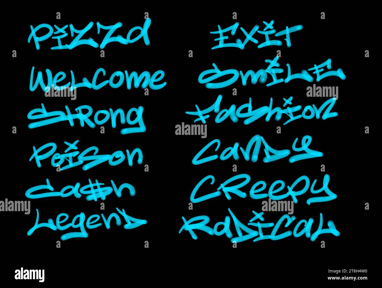 Collection of graffiti street art tags with words and symbols in light ...