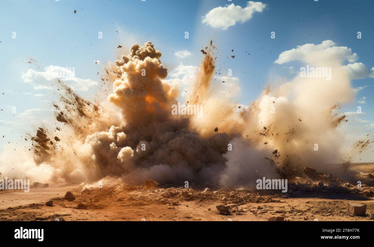Brown rock dust clouds during detonator blasting on the mining site ...